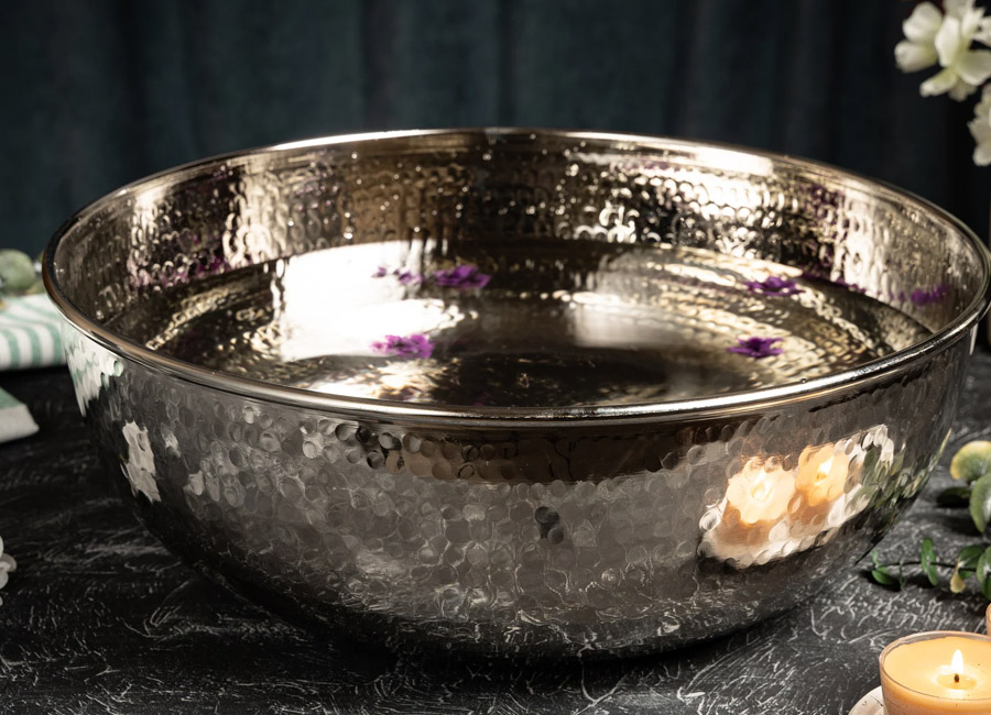 Handcrafted Hammered Copper Foot Soak Bowl – Ayurvedic Silver Spa Basin